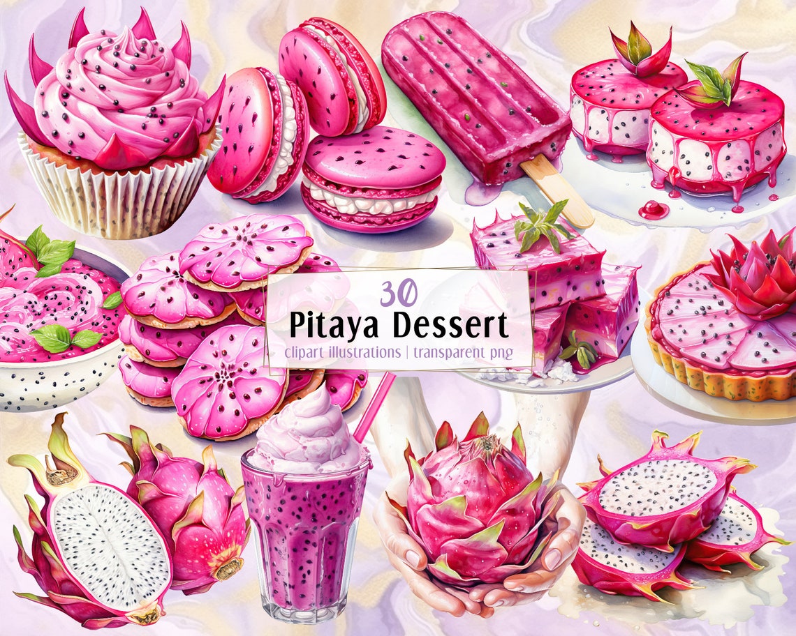 Pitaya Dessert. Watercolor Style Illustrations. Exotic Tropical Dragon ...