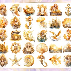 Golden Mermaid. Shiny Gold Mermaids and Merman, Objects and Aquatic ...