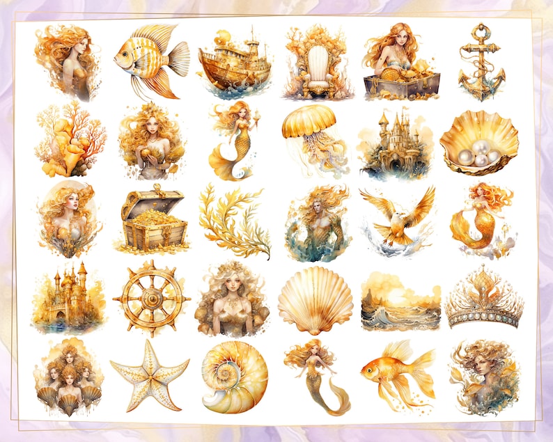Golden Mermaid. Shiny Gold Mermaids and Merman, Objects and Aquatic ...