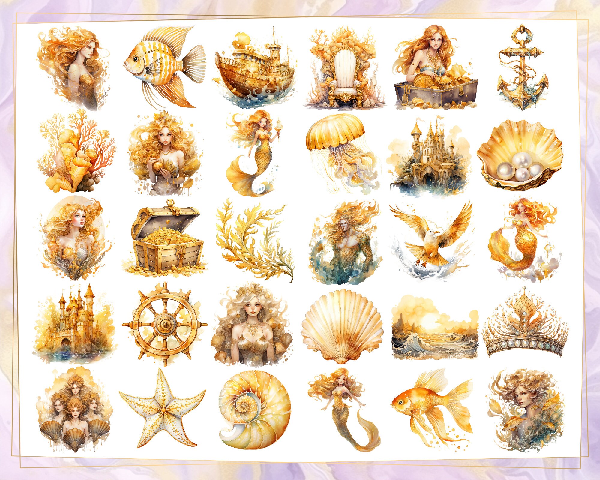 Golden Mermaid. Shiny Gold Mermaids and Merman, Objects and Aquatic ...