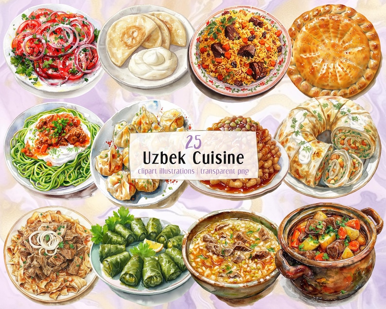 Uzbek Cuisine Illustrations. Delicious Uzbekistan Food, Plov Rice Dish ...