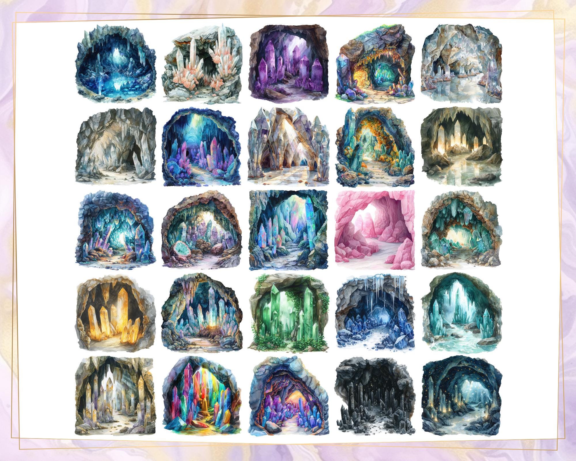 Mineral Cavern Illustrations. Colorful Crystal Grotto, Geodes, Shiny ...