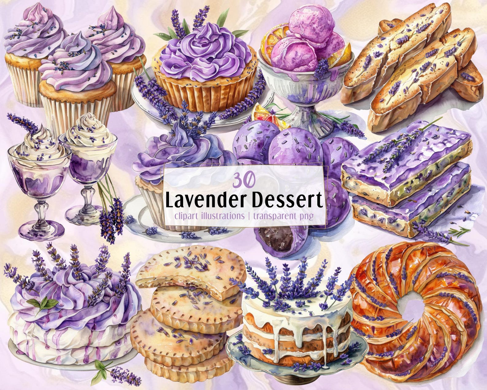 Lavender Dessert Illustrations. Floral Desserts With Purple Lavender ...