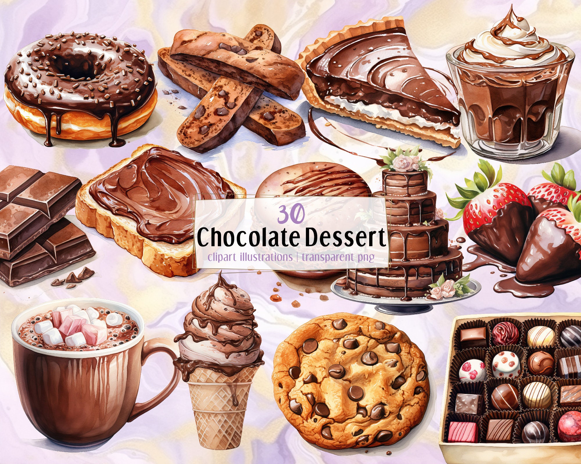Chocolate Desserts. Watercolor Style Illustrations. Choco Flavored ...