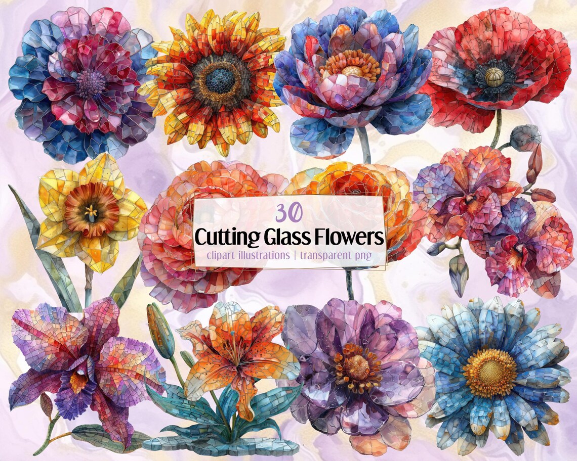 Cutting Glass Flowers | PNG Clip Art Illustrations. Stained Glass ...