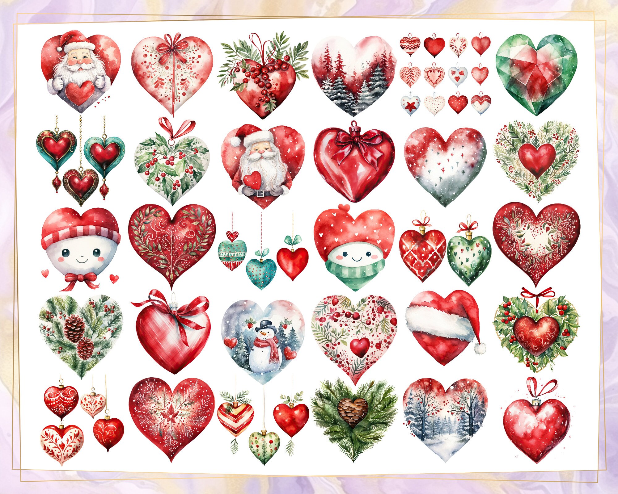 Christmas Hearts. Watercolor Style Illustrations. Festive Decorated ...