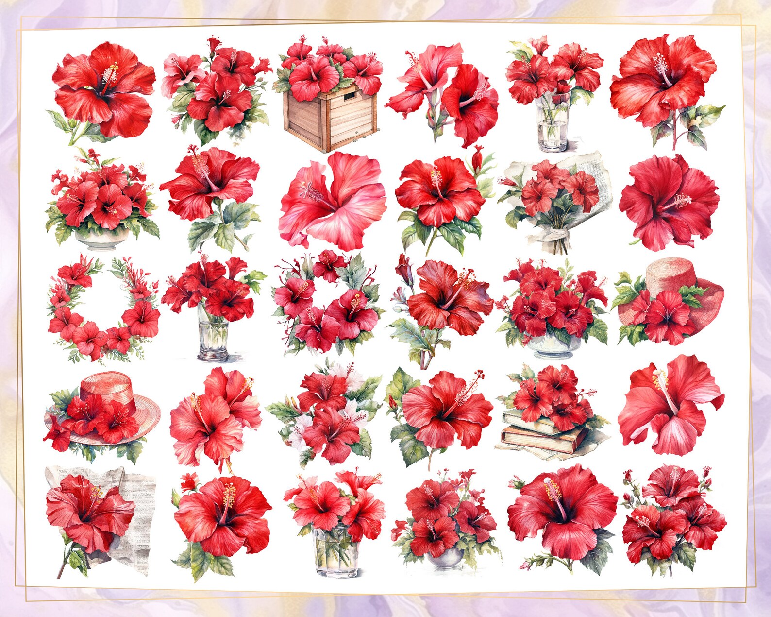 Red Hibiscus Flowers, Watercolor Style Illustrations. Floral Decoration ...