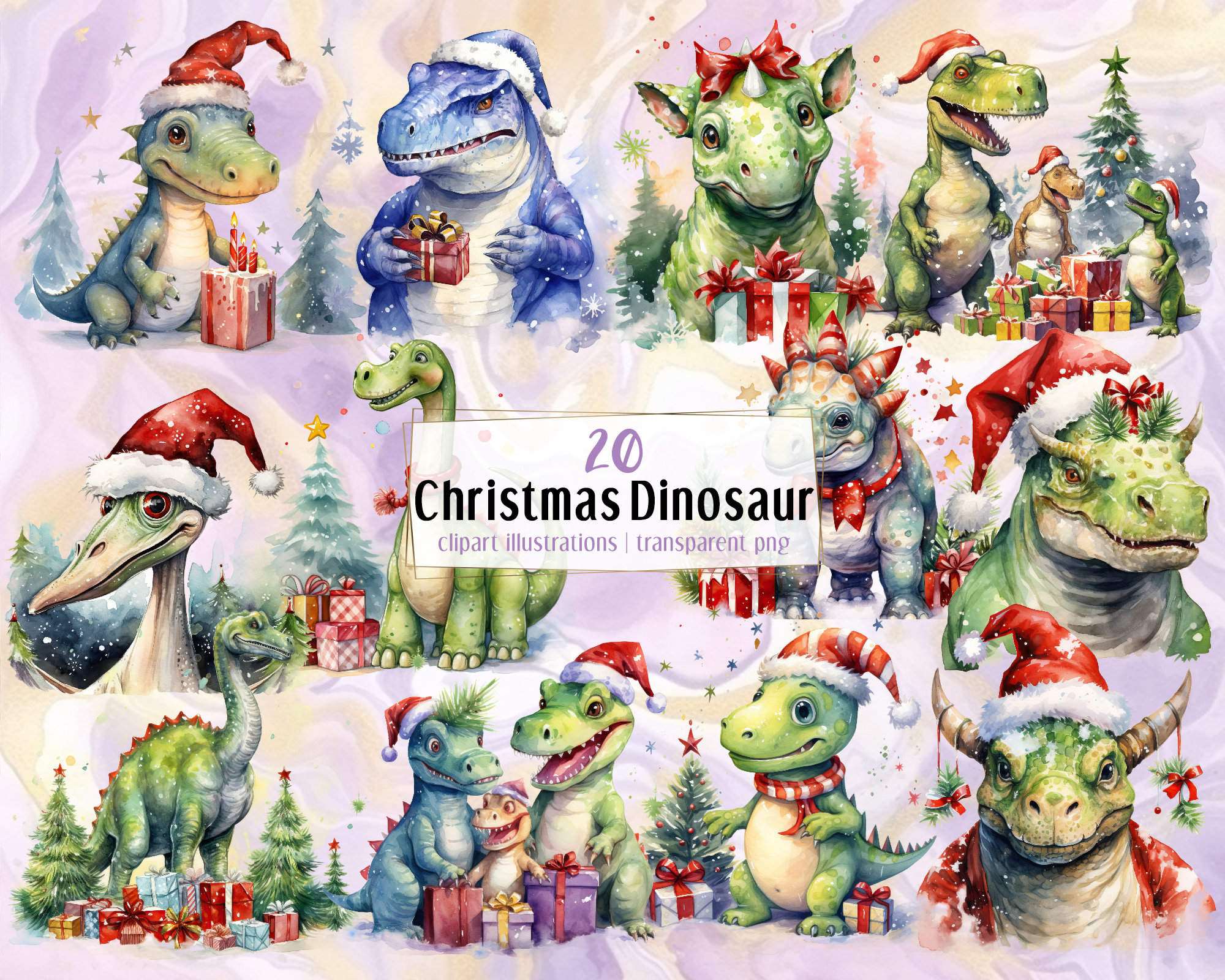Christmas Dinosaurs Cartoon Illustrations. Festive Dino Celebrating ...