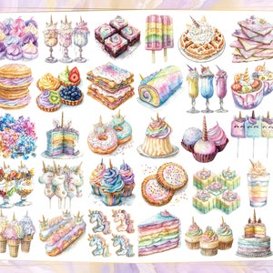 Unicorn Dessert Illustrations. Delicious Pastel Colored Pastry ...