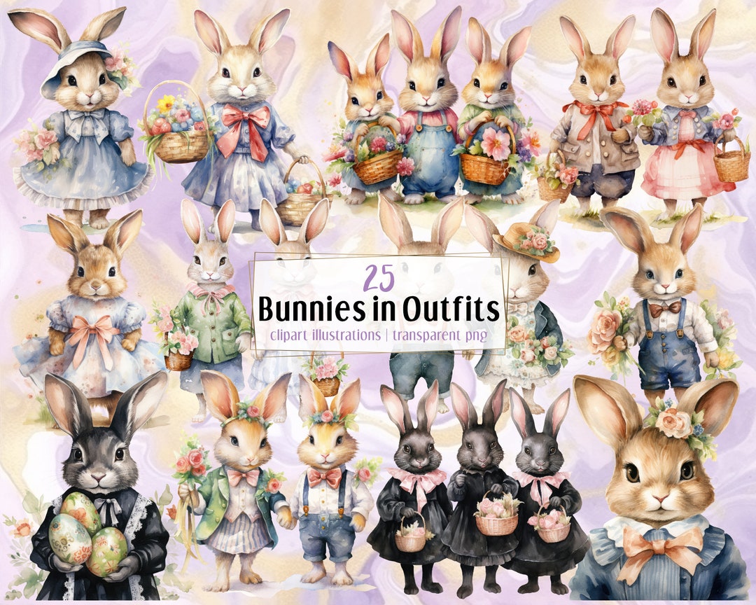 Bunnies in Outfits Illustrations. Easter Holiday Bunny Wearing Colorful ...