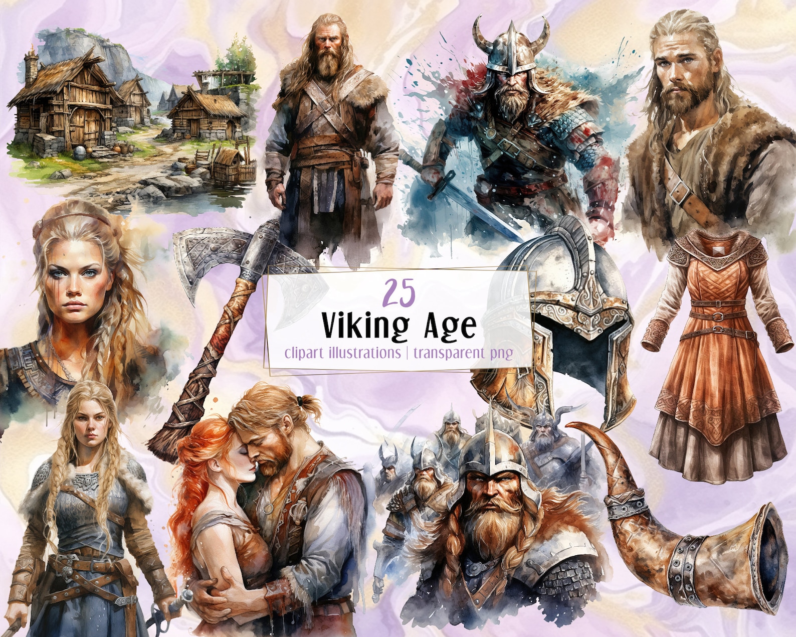 Viking Age, Watercolor Style Illustrations. Norsemen Life Objects ...