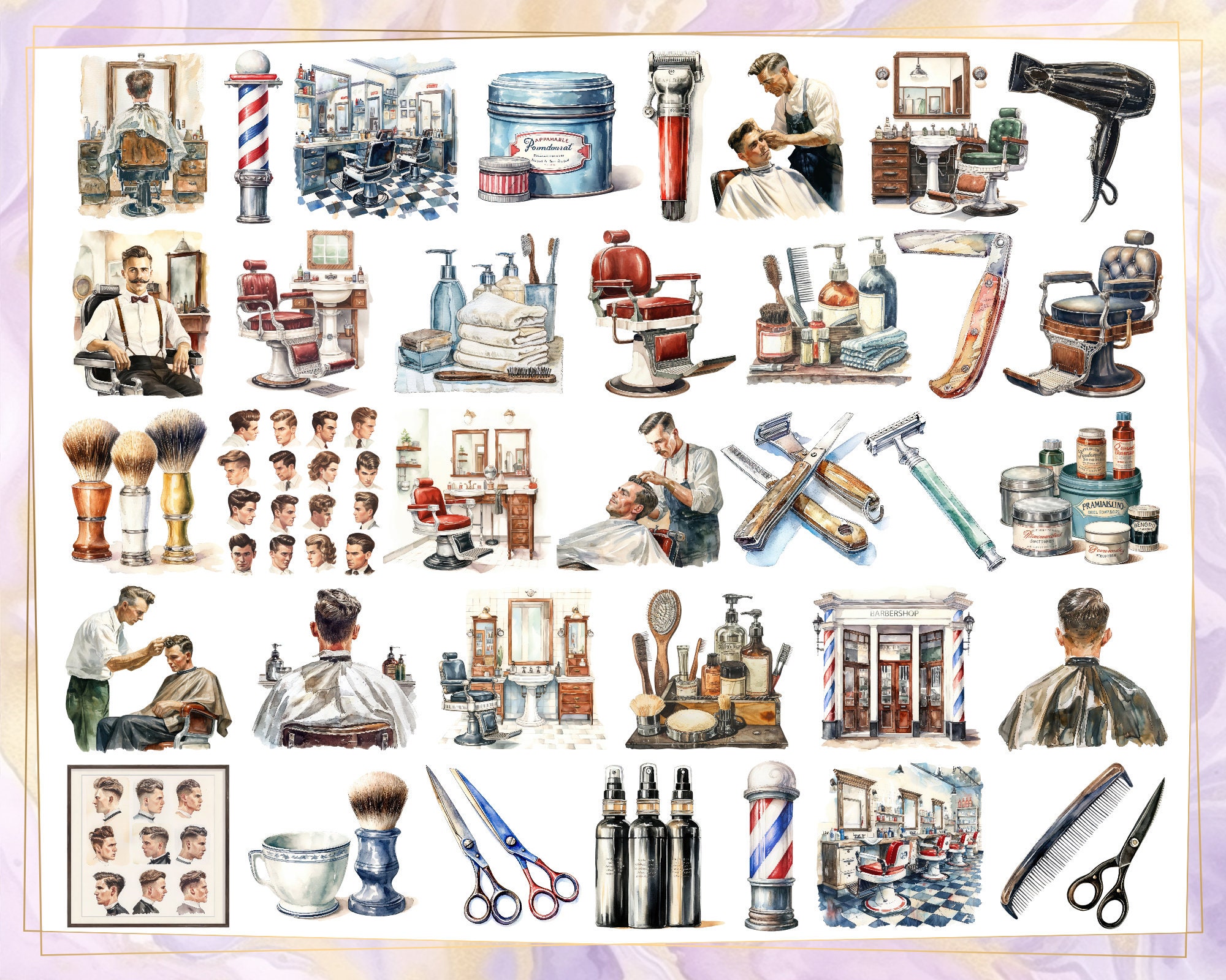 Vintage Barber Shop Illustrations. Retro 50's Style Barbershop, Men's ...