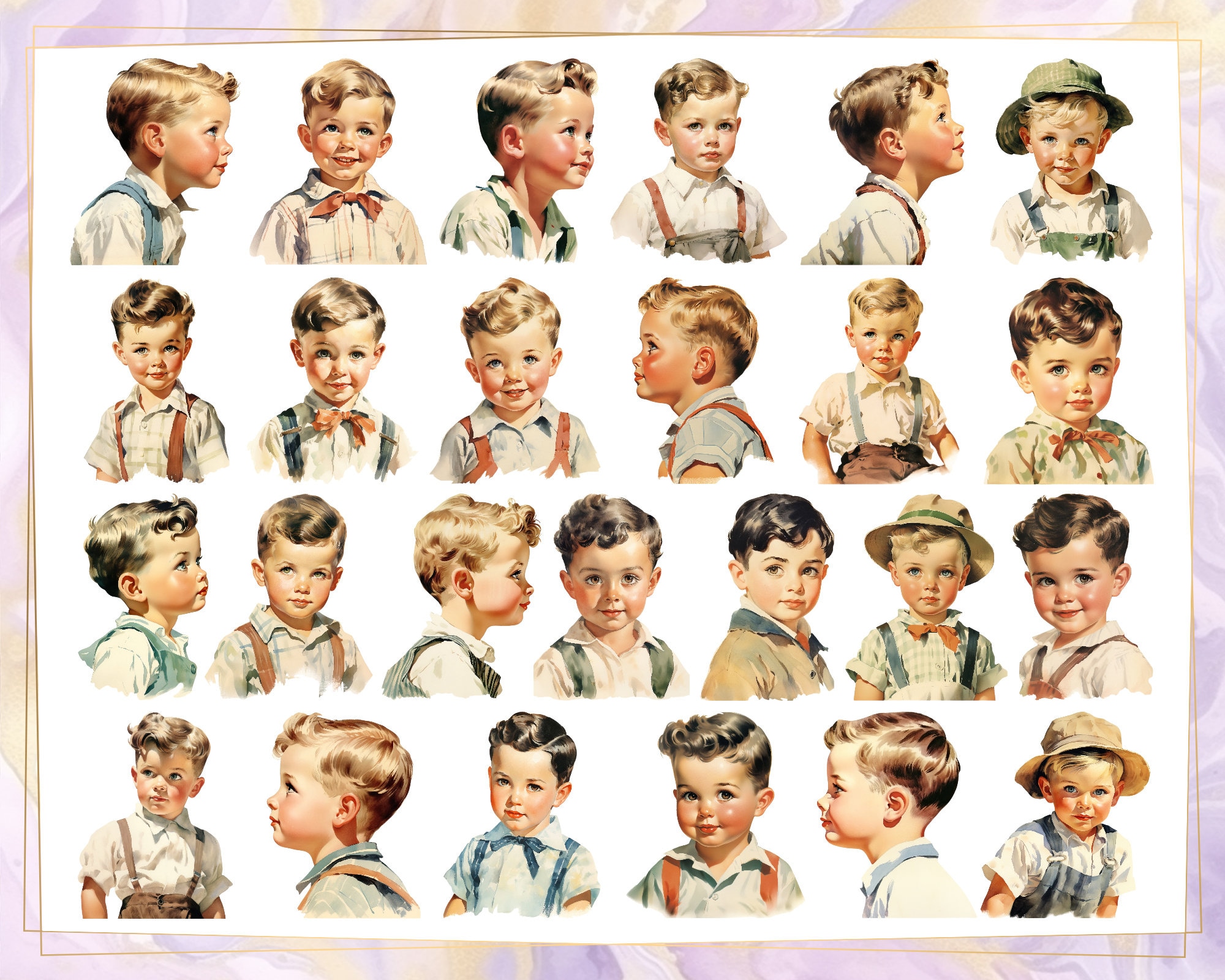 Retro Boy Portrait Illustrations. Adorable Vintage 50's Style Boys With ...