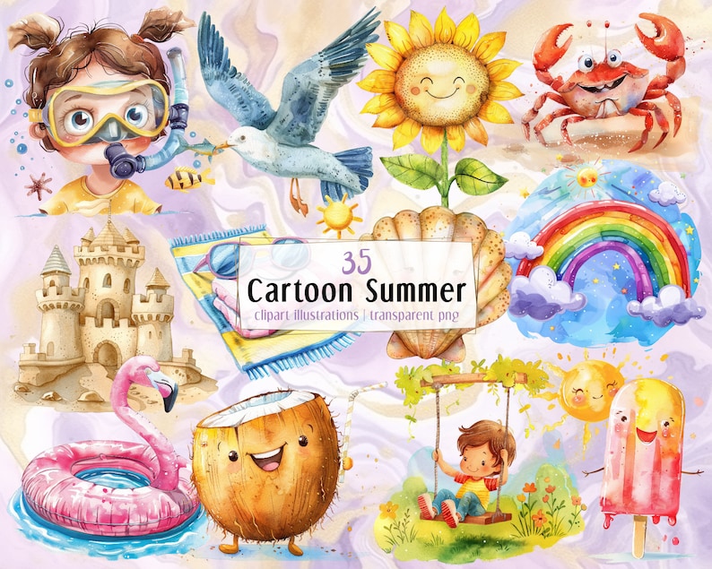 Cartoon Summer Illustrations. Summertime Vacation, Kids Enjoying Sunny ...