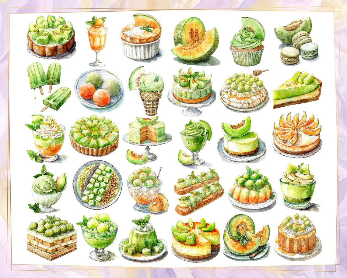 Melon Dessert Illustrations. Honeydew and Cantaloupe Fruit Flavored ...