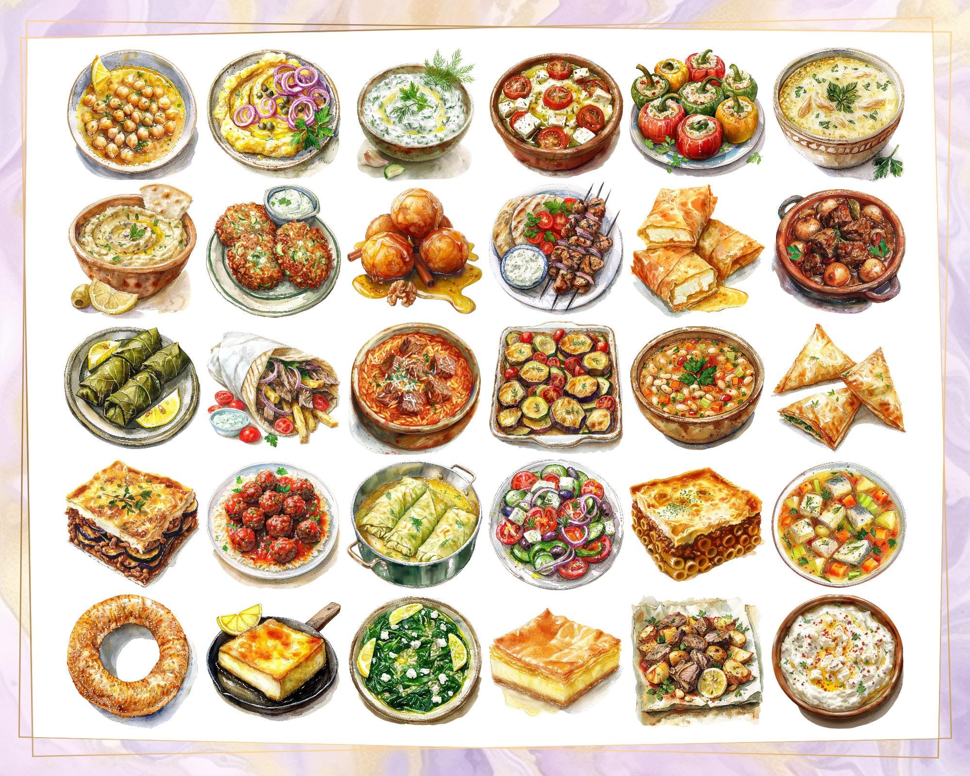 Greek Cuisine Illustrations. Delicious Food From Greece, Desserts ...