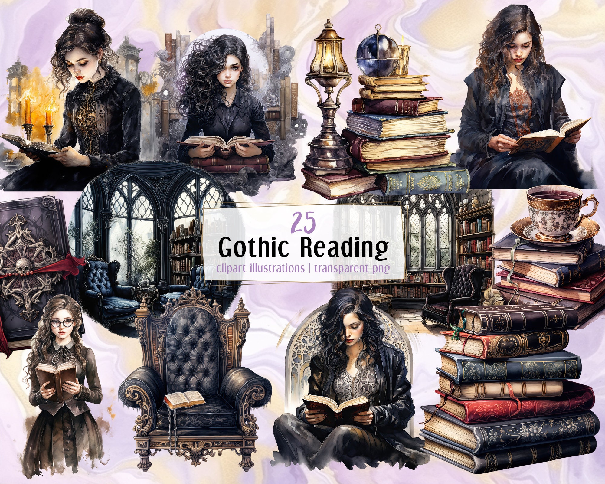 Gothic Reading, Watercolor Style Illustrations. Dark Mysterious Fantasy ...