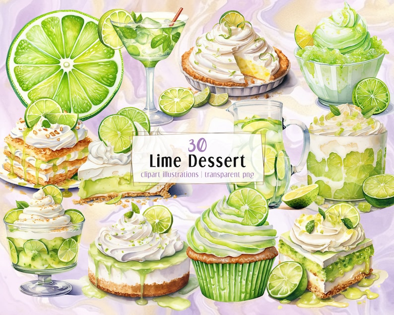 Lime Dessert. Watercolor Style Illustrations. Green Fruity Pastry, Key ...