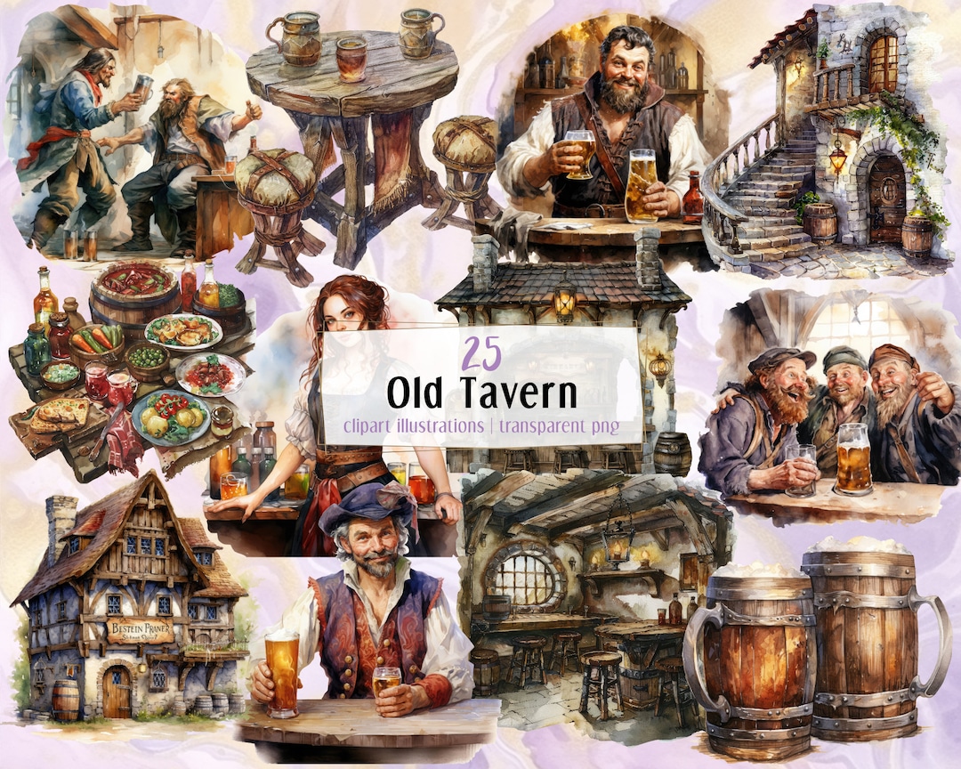 Old Tavern Illustrations. Wood & Stone Inn, Fantasy Bar, Objects ...