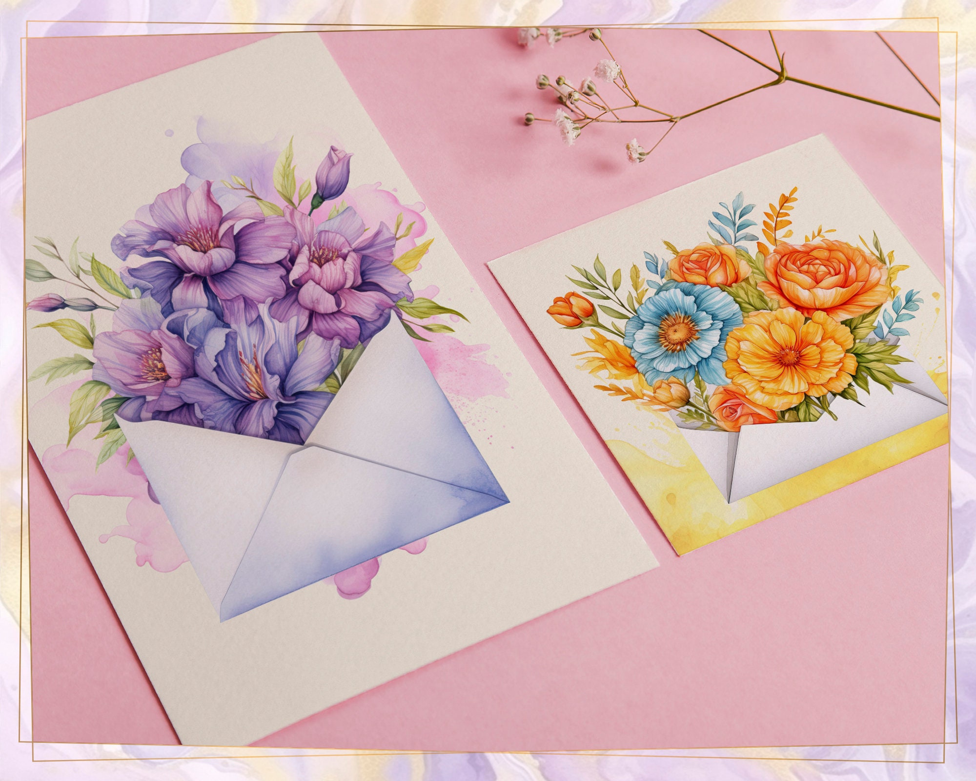 Flower Envelopes. Watercolor Style Illustrations. Flowers in Envelopes ...