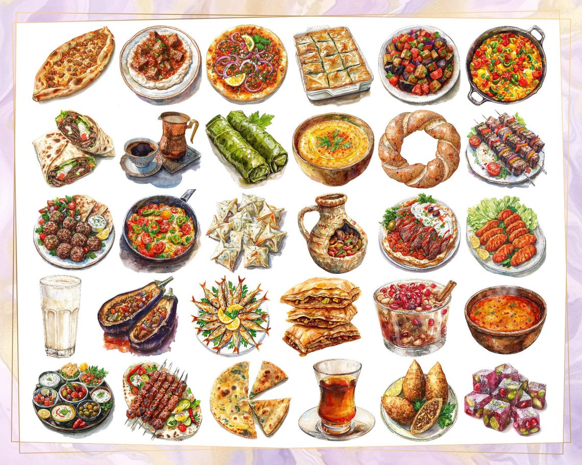 Turkish Cuisine Illustrations. Delicious Food From Türkiye, Kebab Dish ...