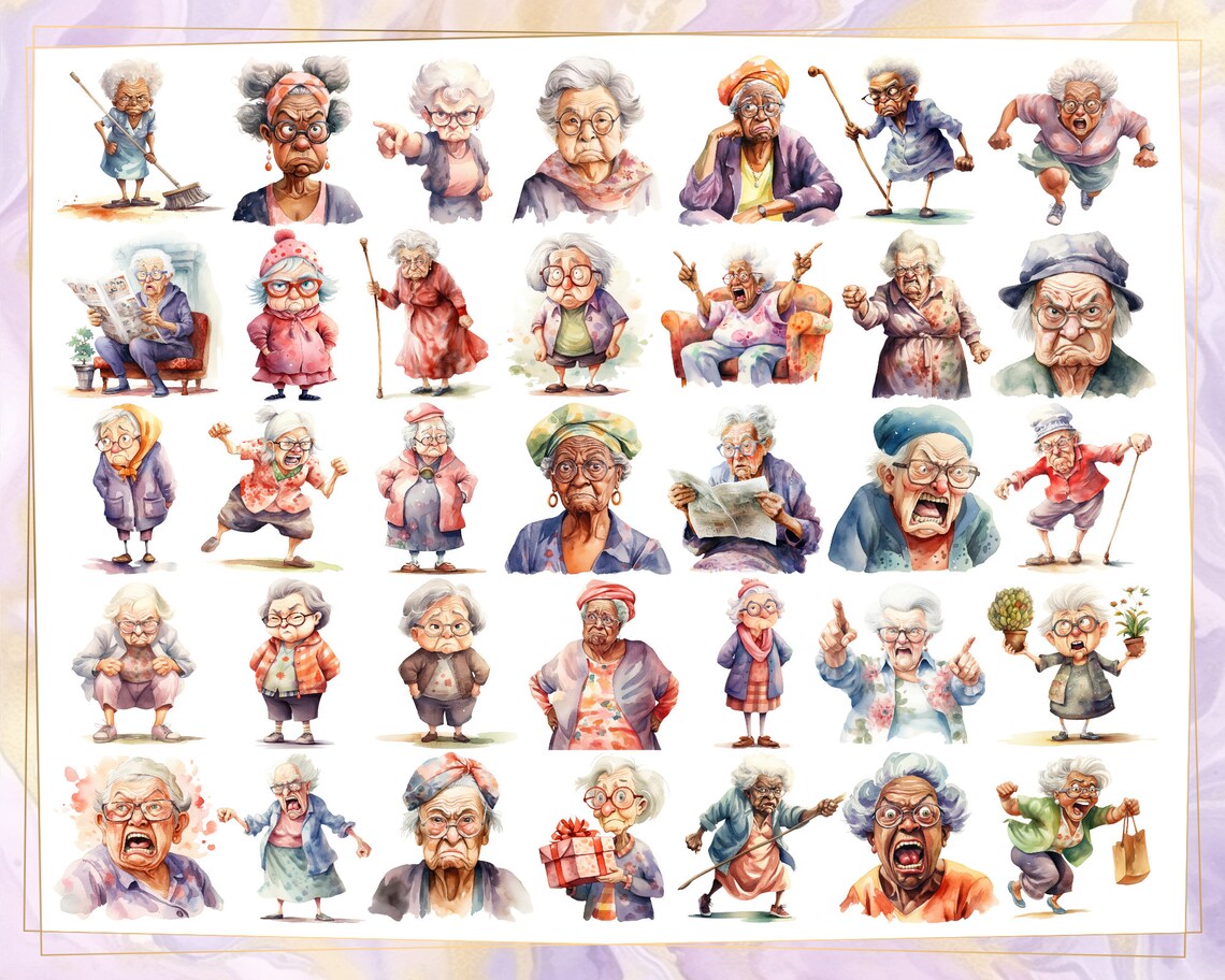Angry Cartoon Grandma Illustrations. Funny Silly Comic Old Ladies, Sad ...