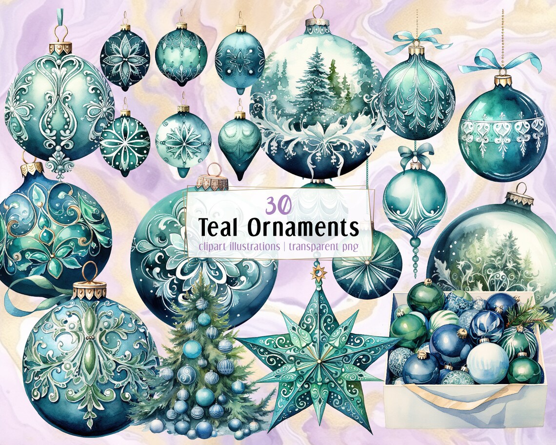 Teal Colored Christmas Ornaments Illustrations. Festive Decorated ...