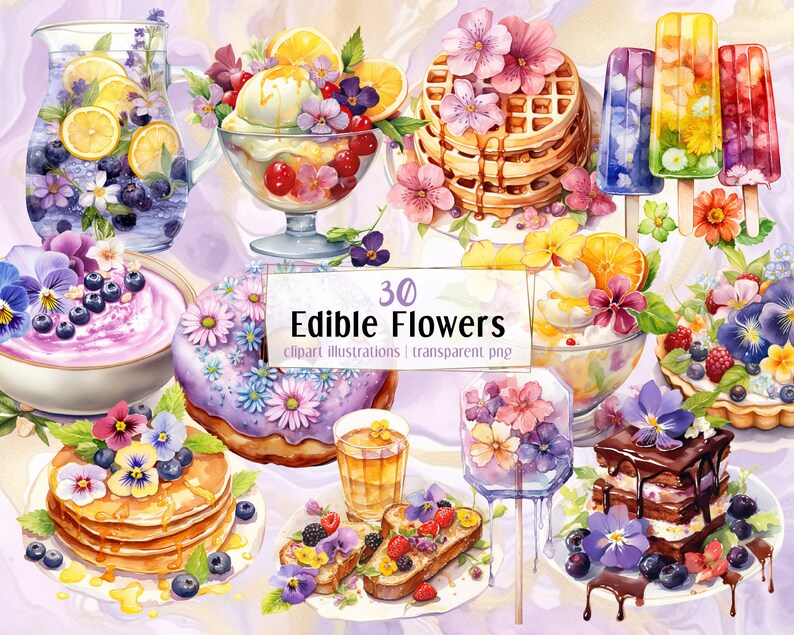 Edible Flowers Dessert Illustrations. Delicious Various Cakes, Waffle ...