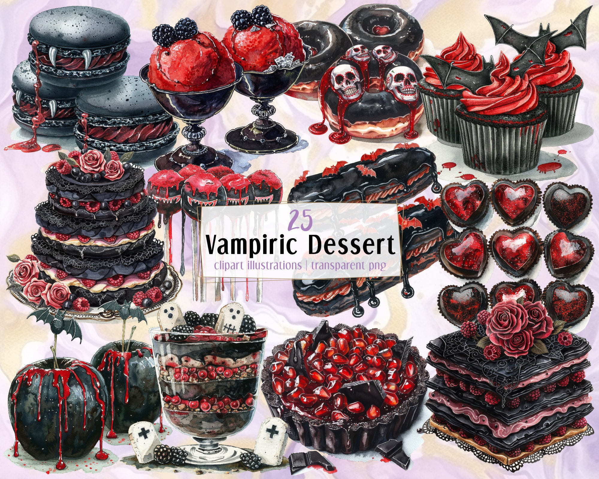 Vampiric Dessert Illustrations. Dark Gothic Style Pastry, Black and Red ...