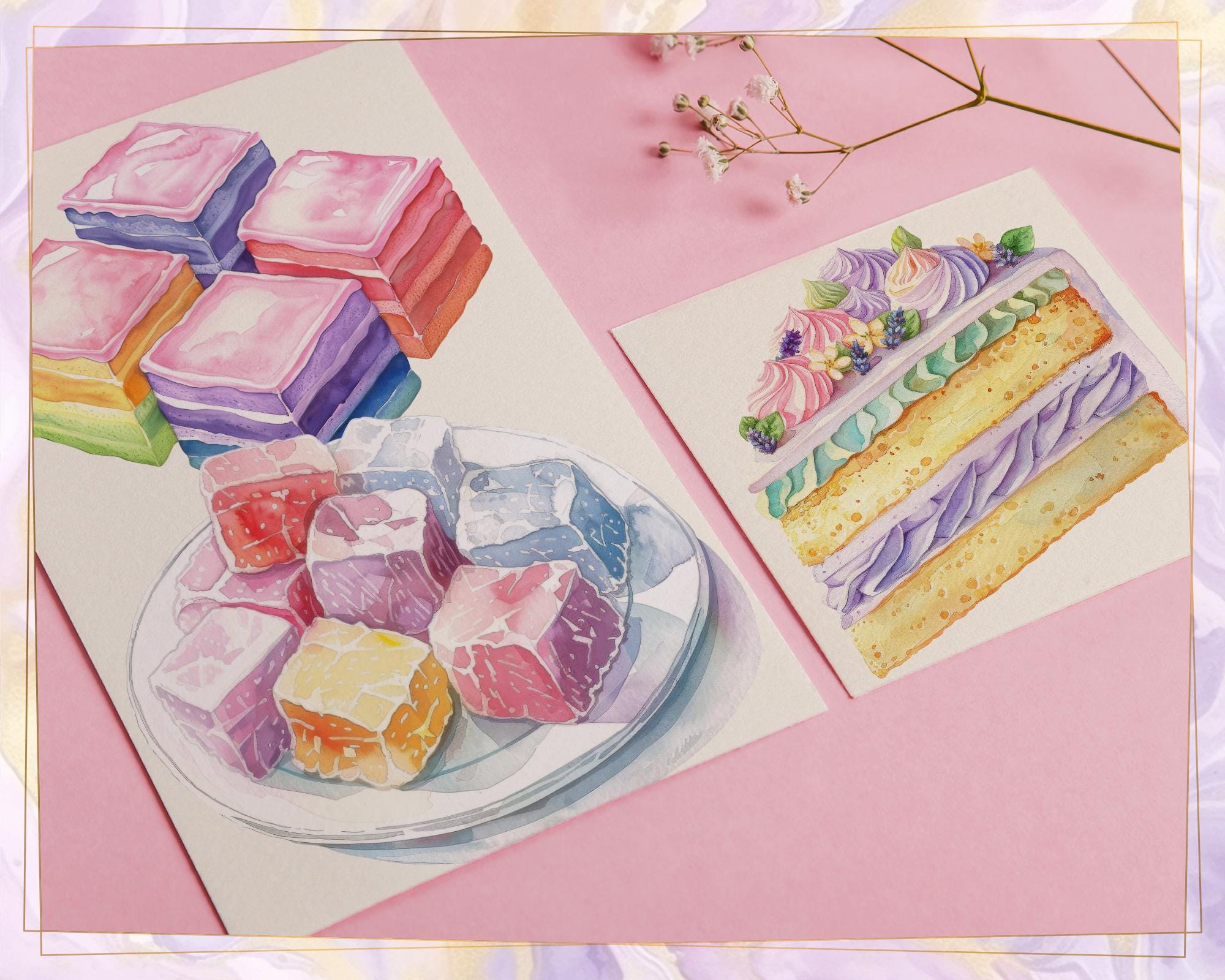 Pastel Dessert Illustrations. Delicious Bright Colored Pastry, Colorful ...