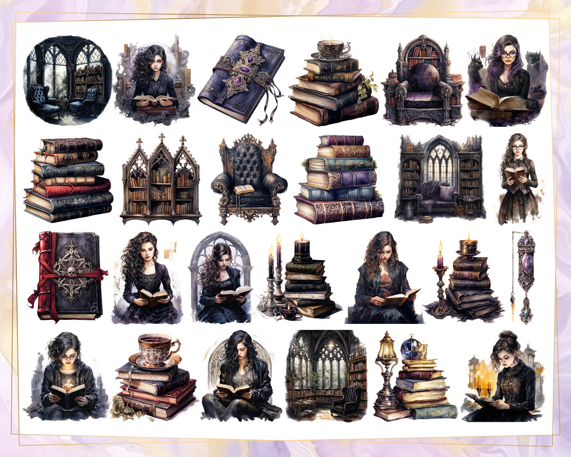 Gothic Reading, Watercolor Style Illustrations. Dark Mysterious Fantasy ...