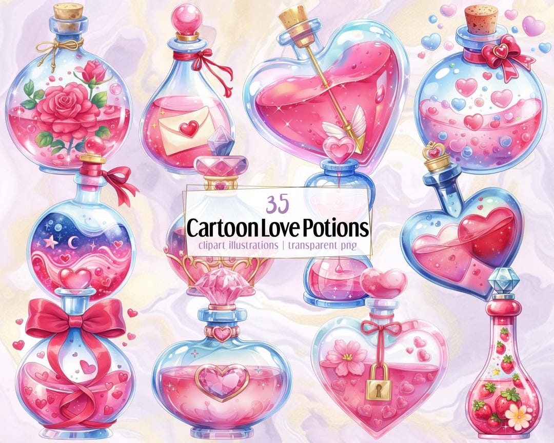 Cartoon Love Potions | PNG Clip Art Illustrations. Cute Valentine's Day ...