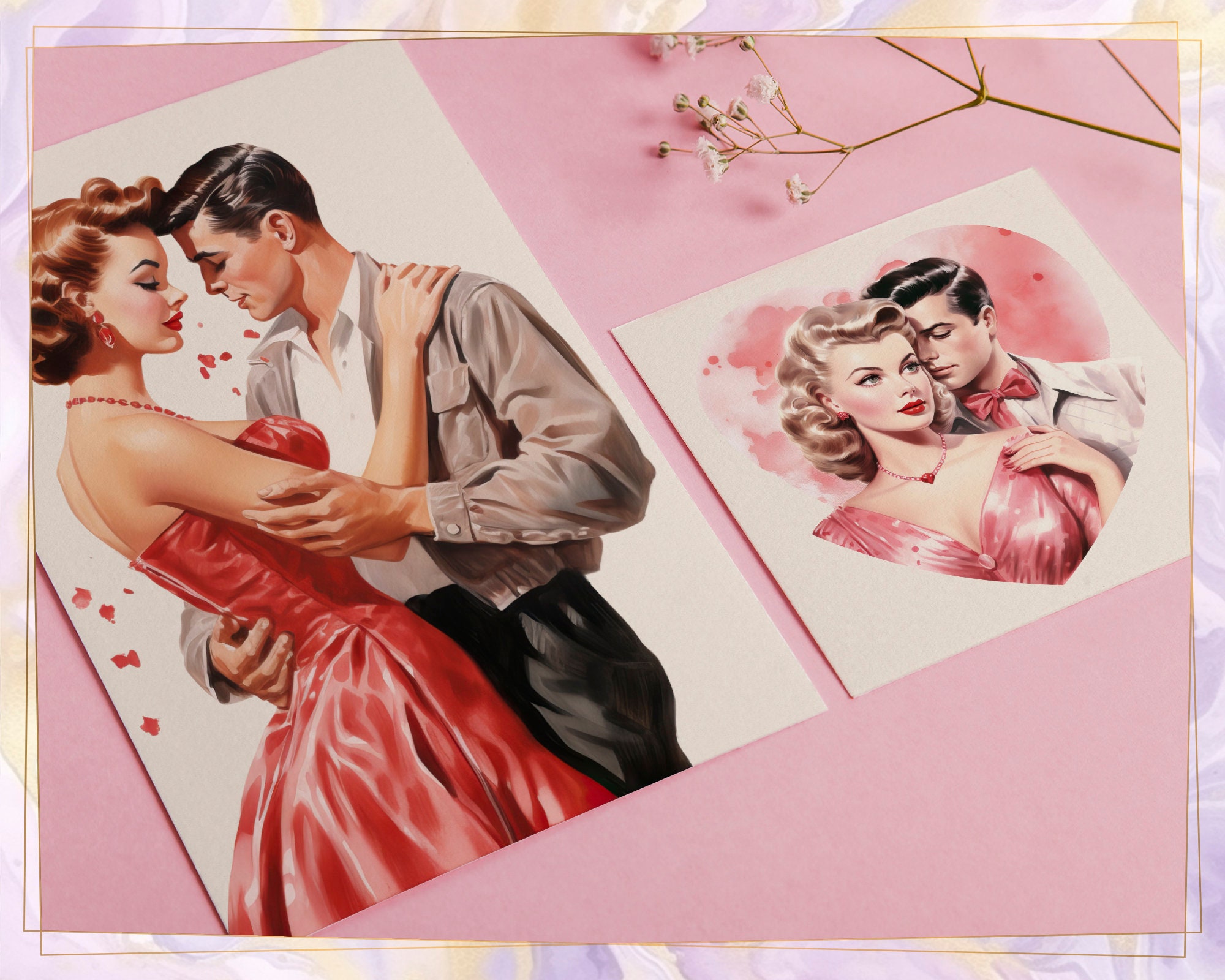 Retro Couple Illustrations. Vintage 40's Valentine's Couples, Romantic ...