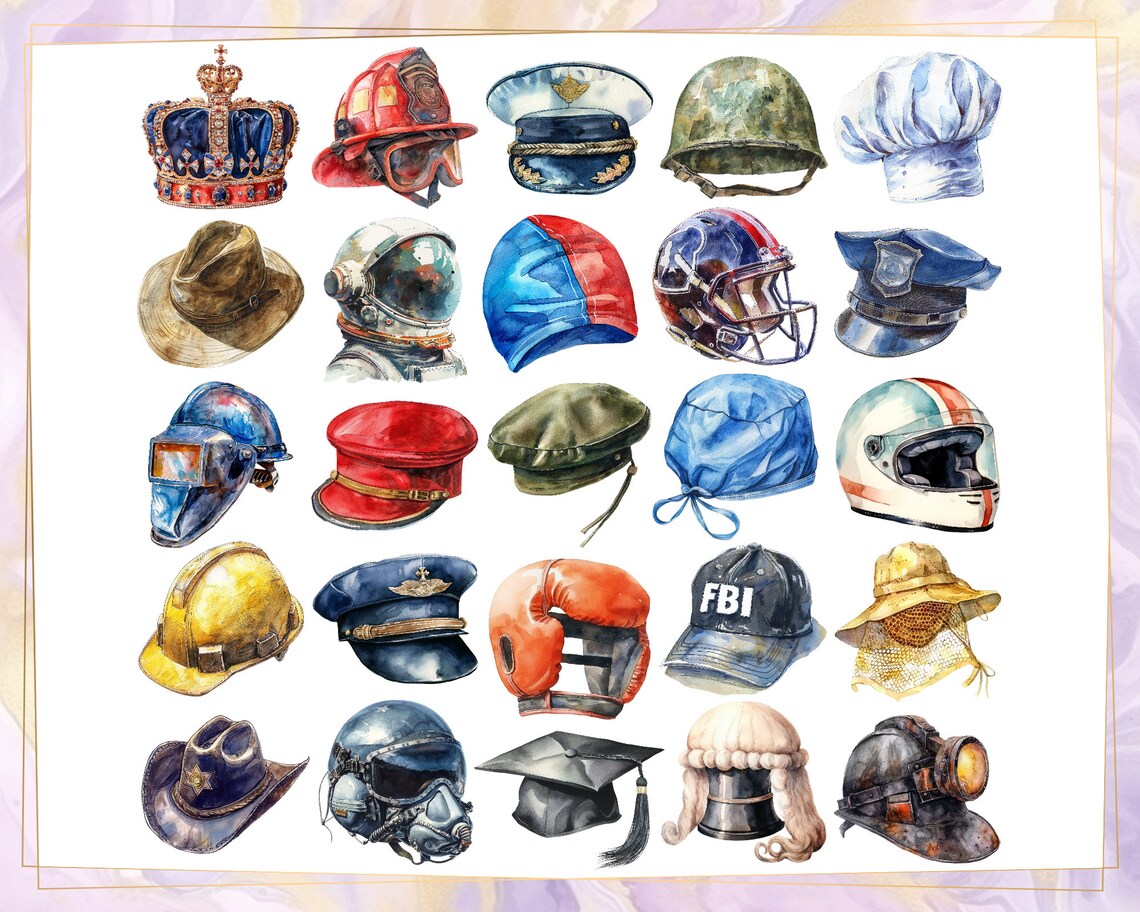 Professional Hat Illustrations. Uniform Caps, Work Helmets, Sports ...