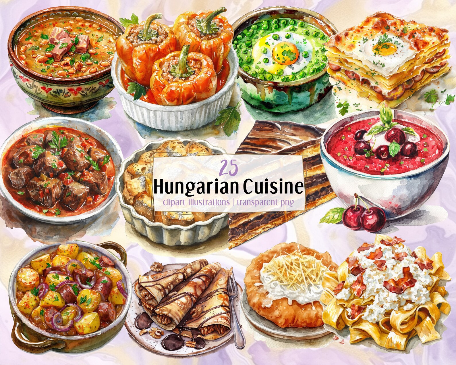Hungarian Cuisine Illustrations. Delicious Dishes, Food From Hungary ...