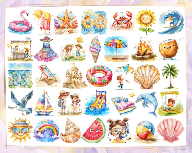 Cartoon Summer Illustrations. Summertime Vacation, Kids Enjoying Sunny ...