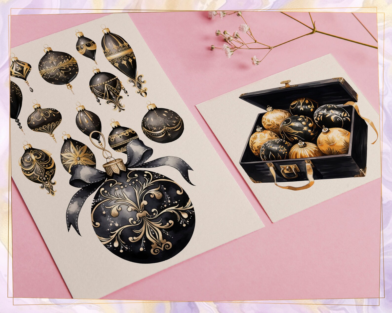 Black & Gold Christmas Ornaments. Watercolor Style Illustrations ...