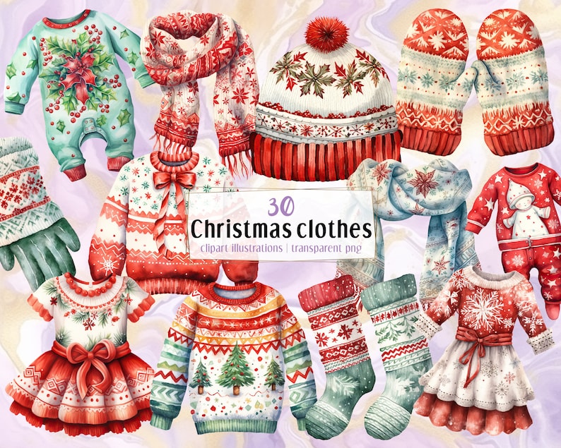Christmas Clothes. Watercolor Style Illustrations. Festive Knitted ...