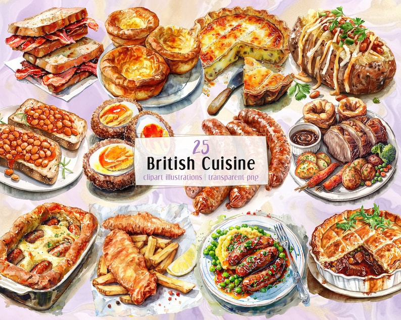 British Cuisine Illustrations. Delicious Dishes, UK Britain Food ...