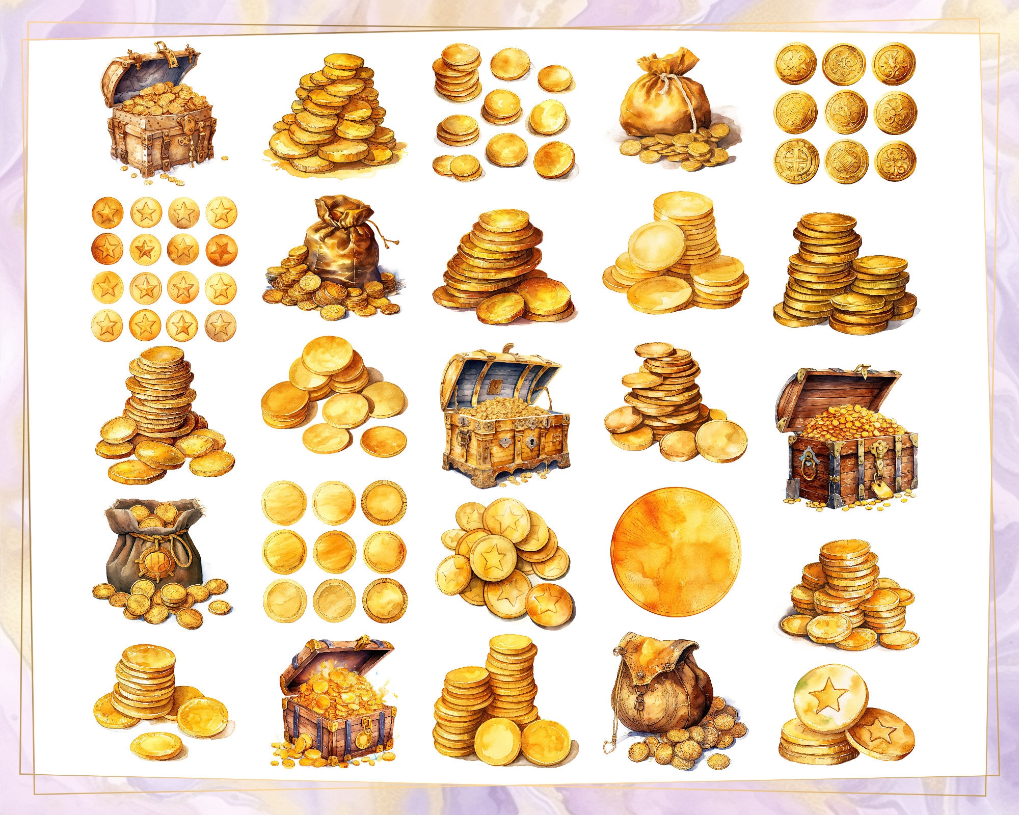 Golden Coins. Watercolor Style Illustrations. Shiny Gold Colored Metal ...