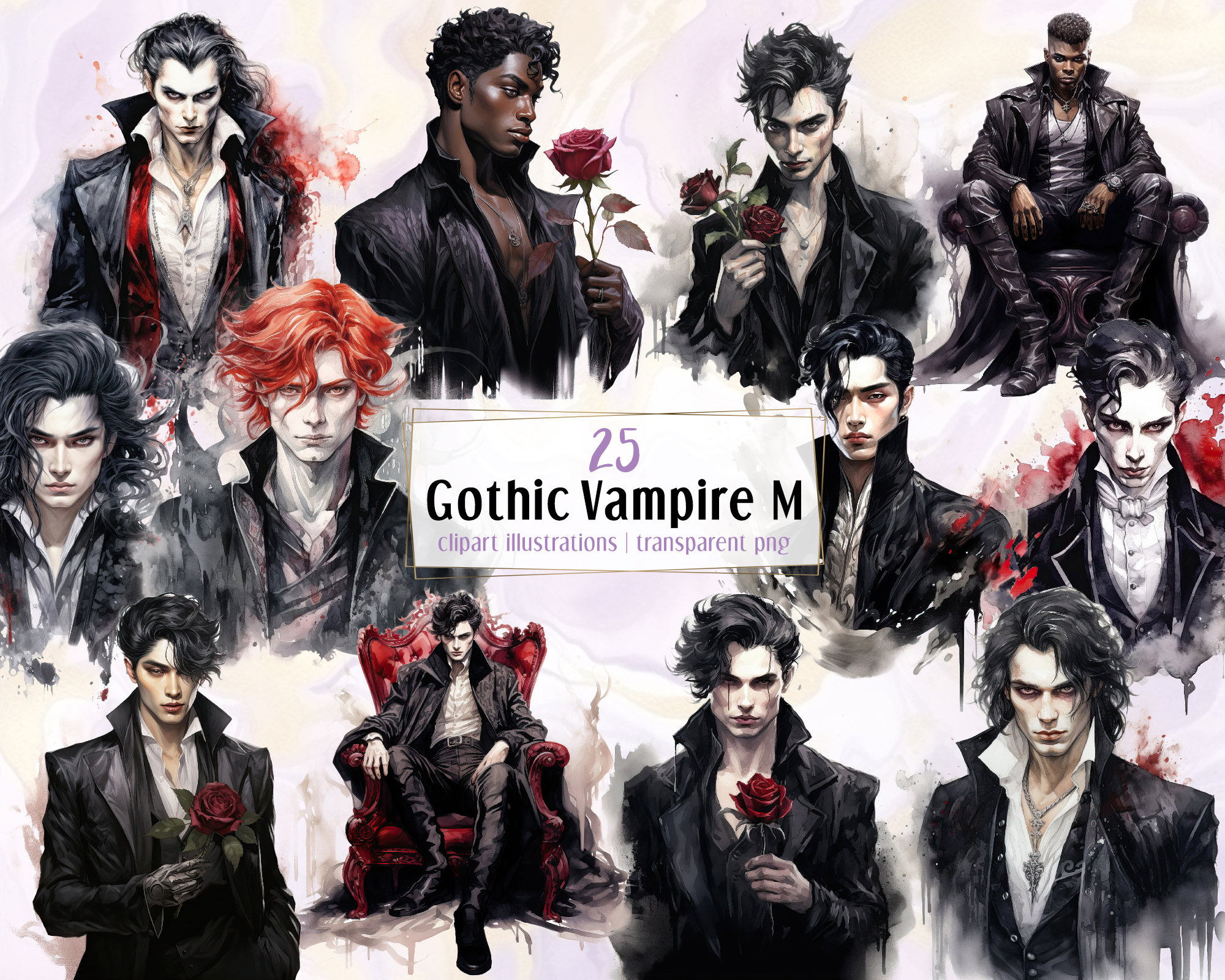 Gothic Vampire Male, Watercolor Style Illustrations. Dark Mysterious ...