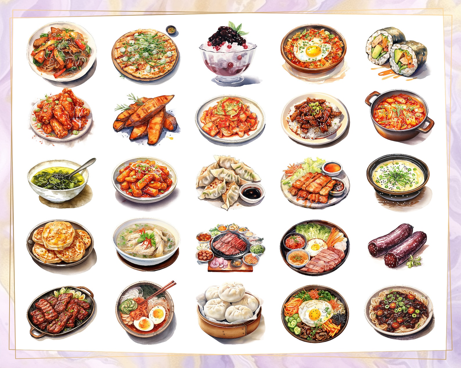 Korean Cuisine, Watercolor Style Illustrations. Delicious Dishes, South ...