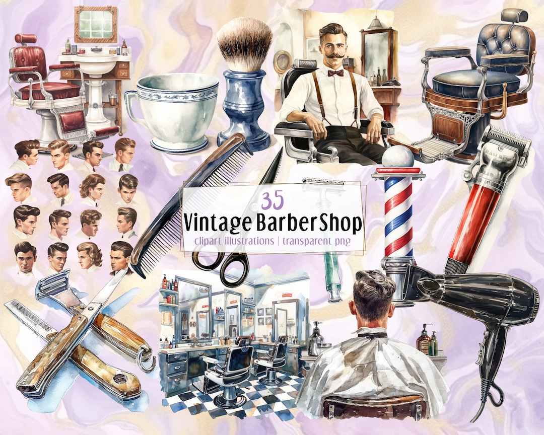 Vintage Barber Shop Illustrations. Retro 50's Style Barbershop, Men's Hair Salon, Barbers ...