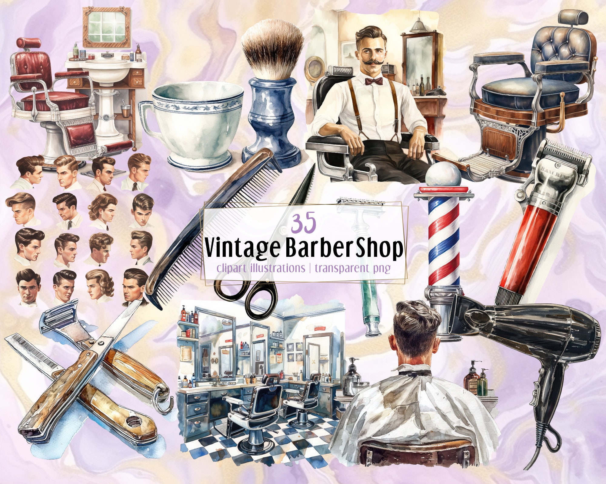 Vintage Barber Shop Illustrations. Retro 50's Style Barbershop, Men's ...