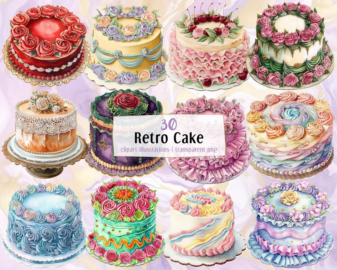 Retro Cake Illustrations. Creamy Cakes in a Vintage Style, Frilly ...