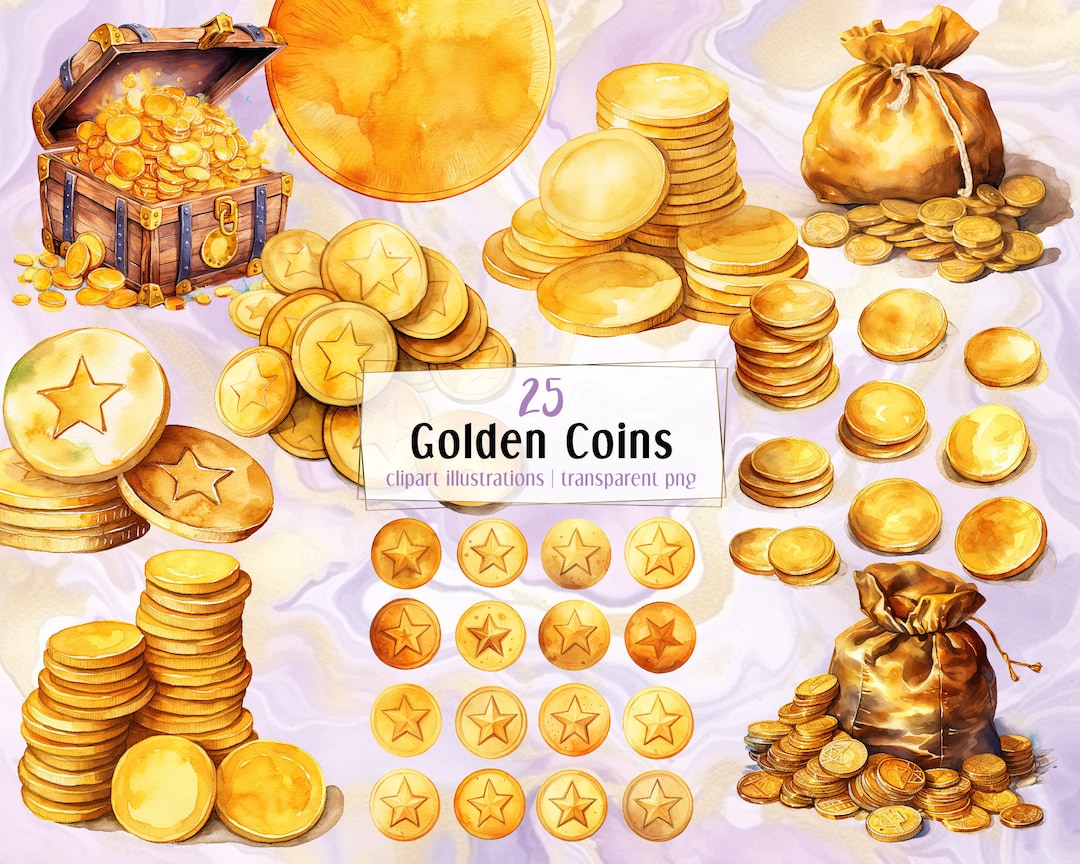 Golden Coins. Watercolor Style Illustrations. Shiny Gold Colored Metal ...