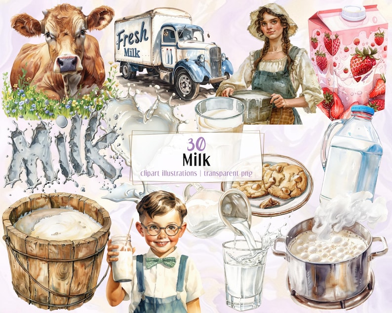 Milk Illustrations. Dairy Food Products, Churn, Jug & Containers, Fruit ...