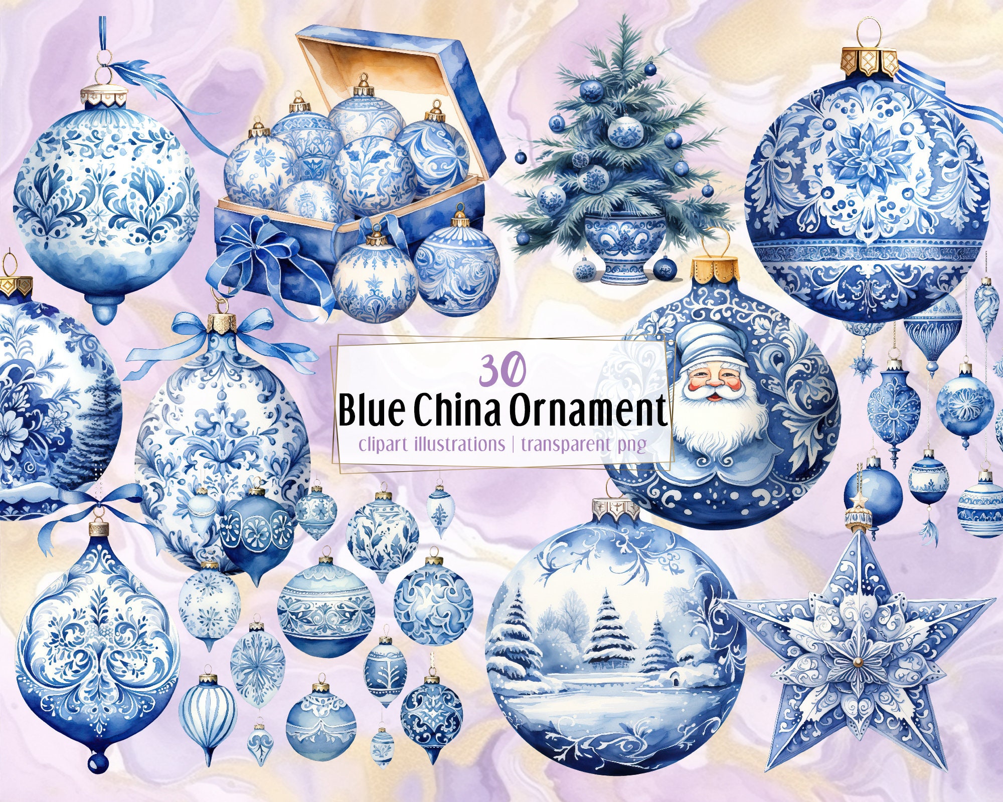 Blue China Christmas Ornaments. Watercolor Style Illustrations. Festive ...