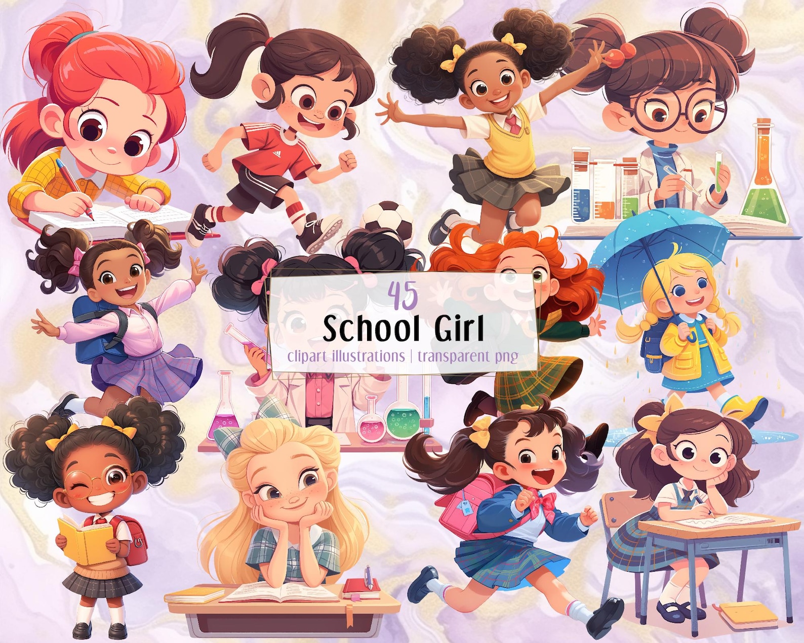 Cartoon School Girl Illustrations. Cute Adorable Female Pupil, Happy ...