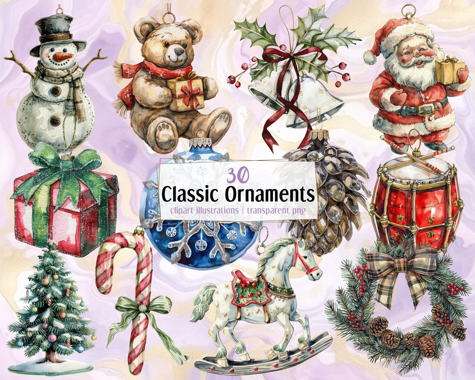 Classic Christmas Ornaments Illustrations. Festive Decorated Holiday ...